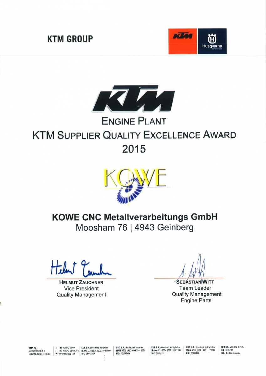 A+ Lieferant bei der KTM Group | KOWE CNC GmbH